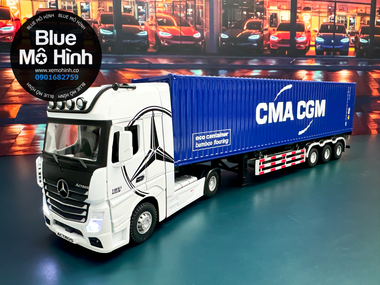 Mô hình xe đầu kéo Container CMA CGM 40ft bằng kim loại đầu vuông trắng ...