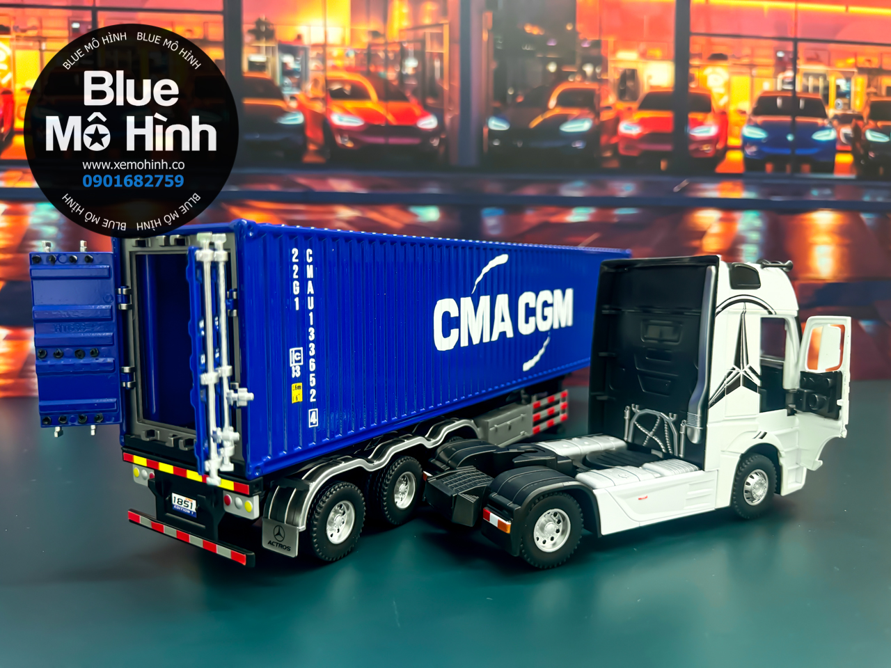 Mô hình xe đầu kéo Container CMA CGM 40ft bằng kim loại đầu vuông trắng ...