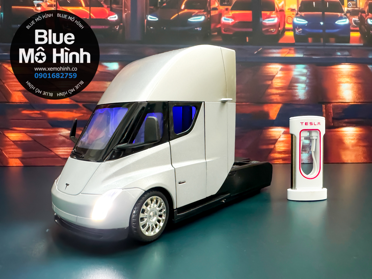 Xe mô hình đầu kéo container Tesla Semi bằng kim loại - Blue Mô Hình