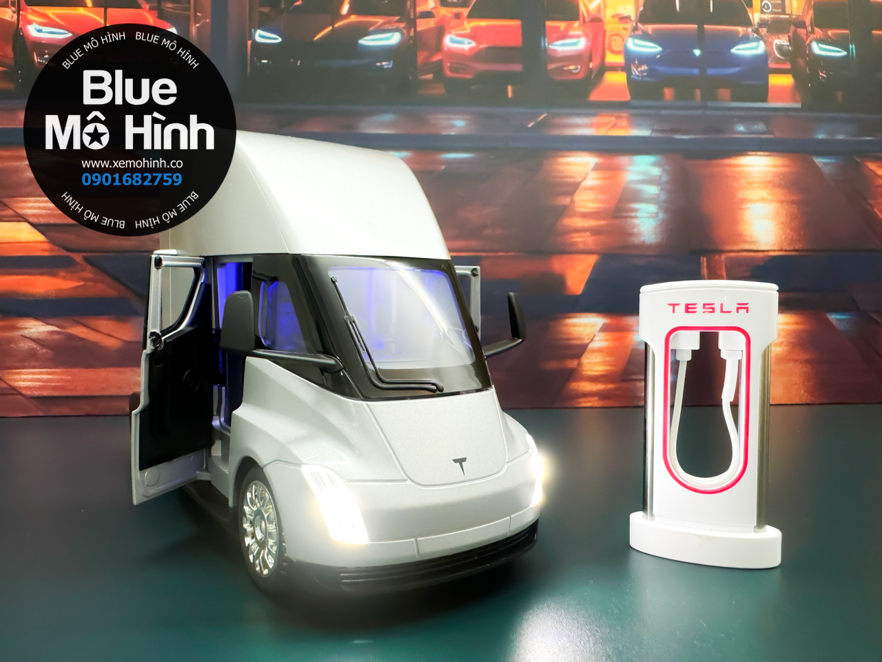 Xe mô hình đầu kéo container Tesla Semi bằng kim loại - Blue Mô Hình